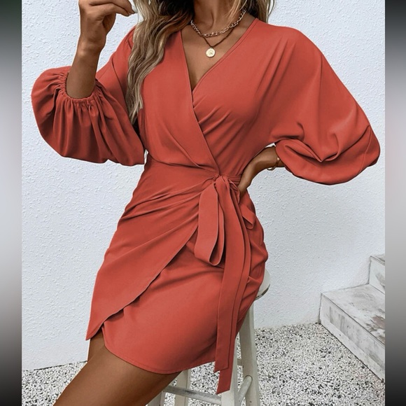 Dresses | Luxe Surplice Neck Lantern Sleeve Knot Side Wrap Dress | Poshmark